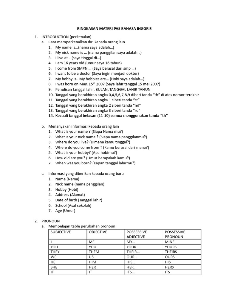 Ringkasan Materi Pas Bahasa Inggris | PDF