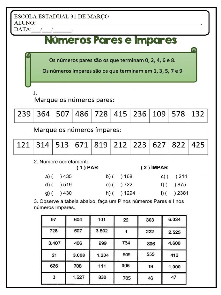 Números Pares e Ímpares + Atividades | PDF