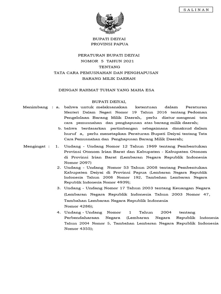 Perbup No.5 Tahun 2021 Tentang Tata Cara Pemusnahan Dan Penghapusan BMD | PDF