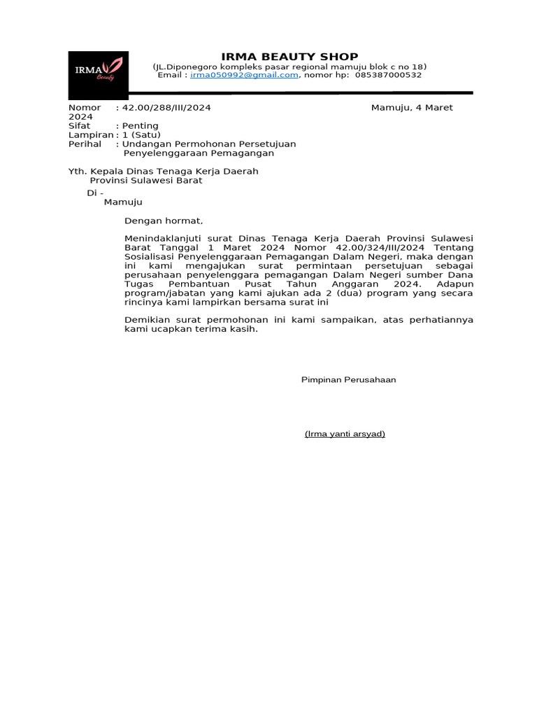 Permohonan Persetujuan Pemagangan IRMA | PDF