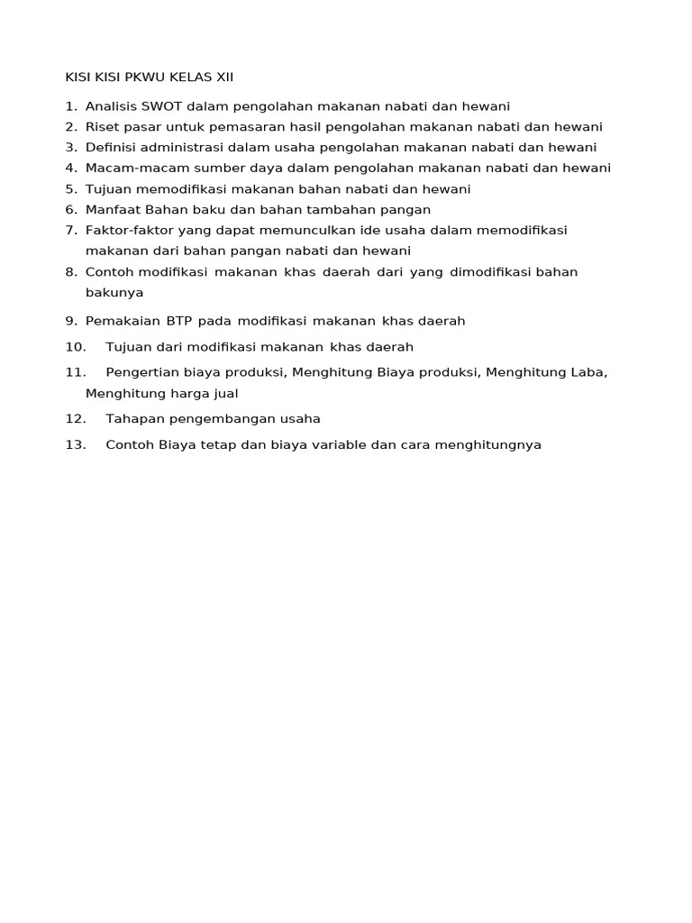 Kisi Kisi Pkwu Kelas Xii | PDF