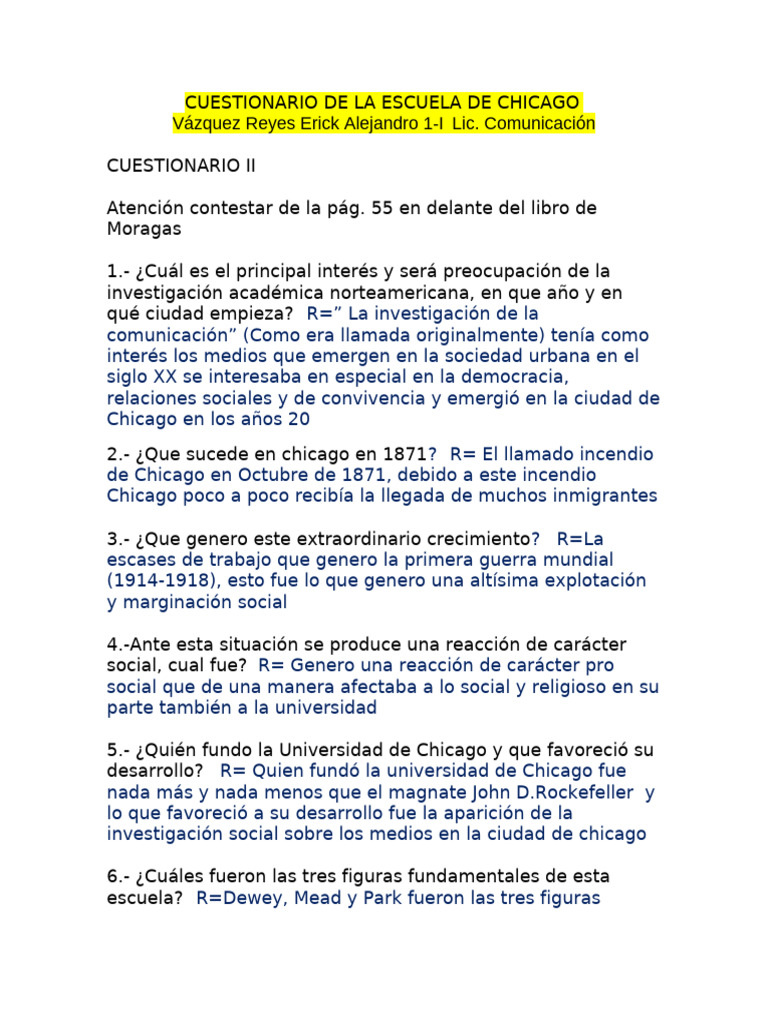 CUESTIONARIO DE LA ESCUELA DE CHICAGO (Erick Alejandro Vázquez Reyes) | PDF | Sicología | Sociedad