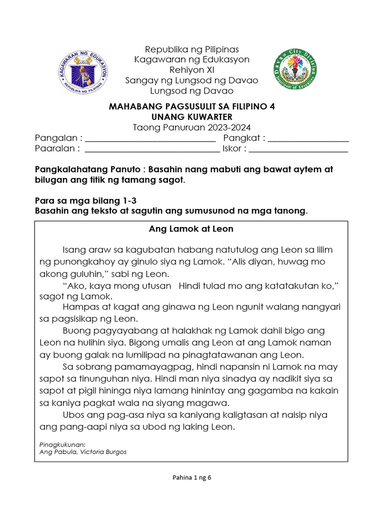 Quarterly Exam - Q1 Filipino 4 | PDF