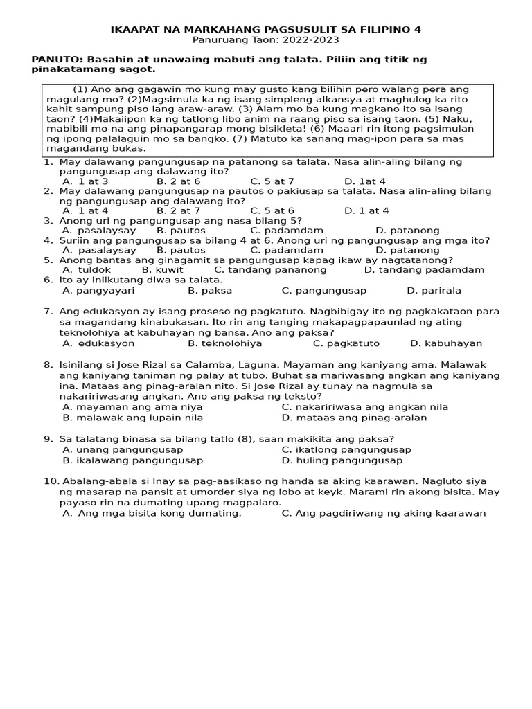 Ikaapat Na Markahang Pagsusulit Sa Filipino 4 | PDF