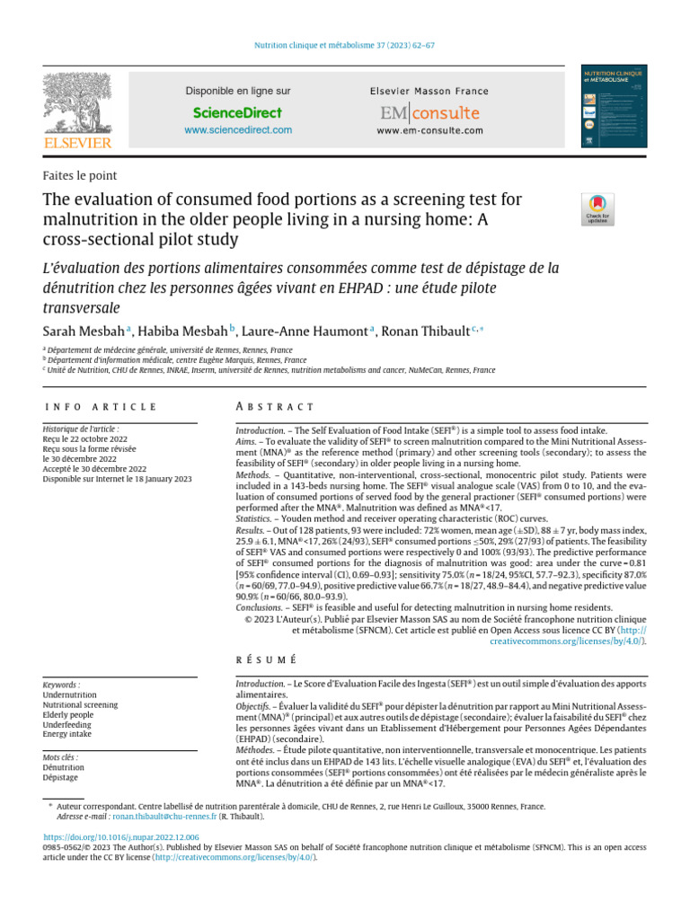 SEFI® for Malnutrition Screening in EHPAD | PDF | Sensitivity And ...