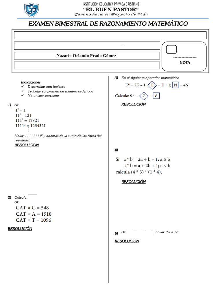 EXAMEN II BIMESTRE 1RO SEC. | PDF | Matemáticas | Matemática Elemental