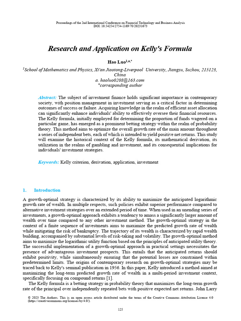 Kelly's Formula in Investment Strategies | PDF | Gambling
