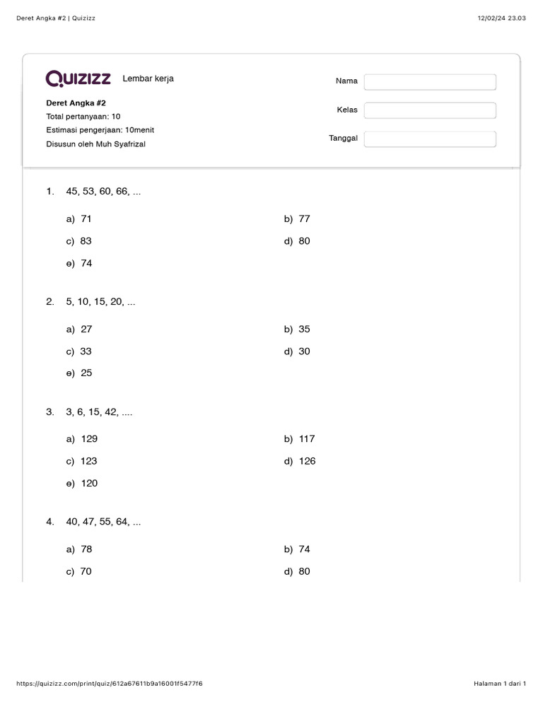 Deret Angka #2 - Quizizz | PDF