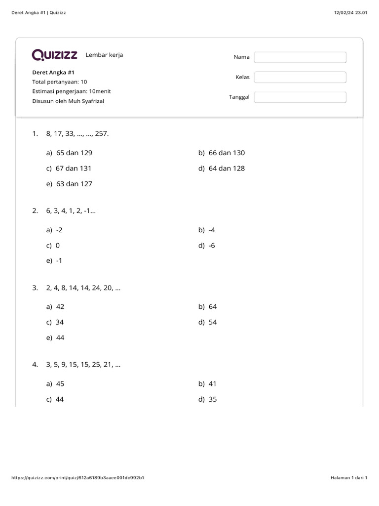 Deret Angka #1 | Quizizz | PDF