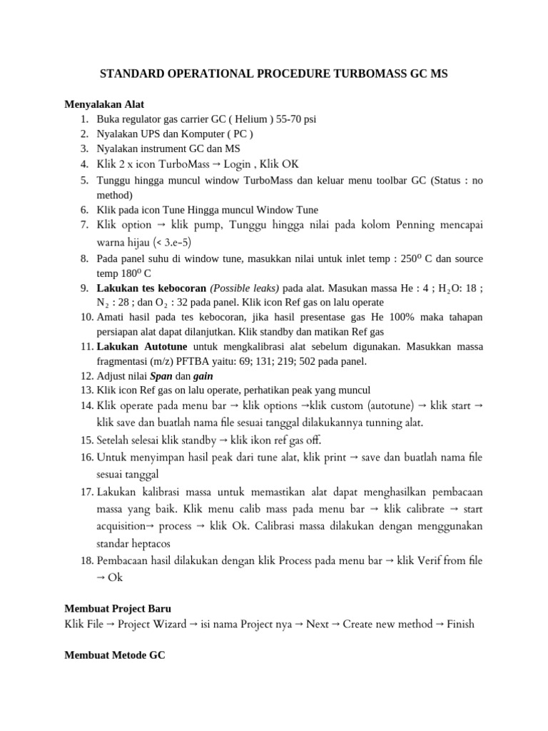 Standard Operational Procedure Turbomass GC MS | PDF