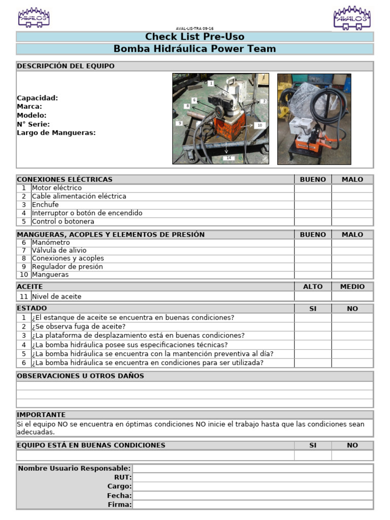 Checklist Pre-Uso Bomba Hidráulica | PDF