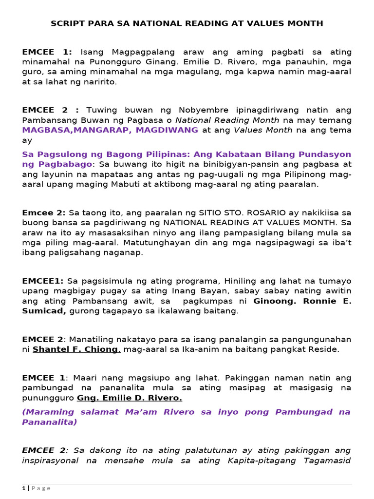 Script Reading and Values Month | PDF