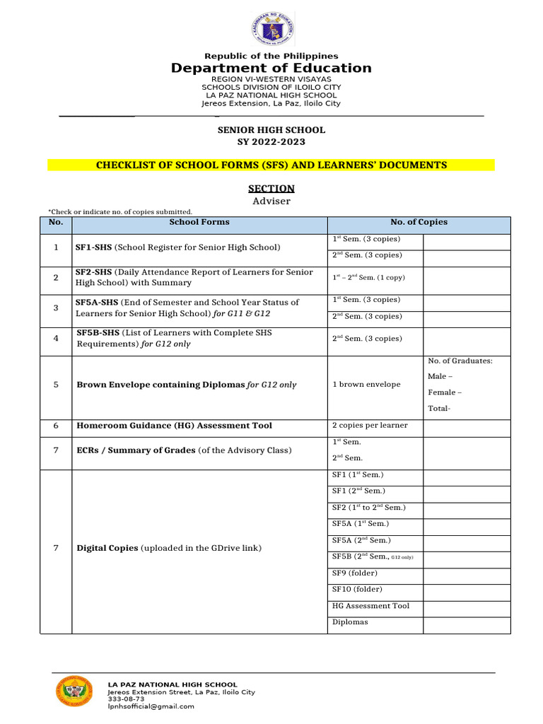 Transmittal Checklist of School Forms (SHS Records) | PDF