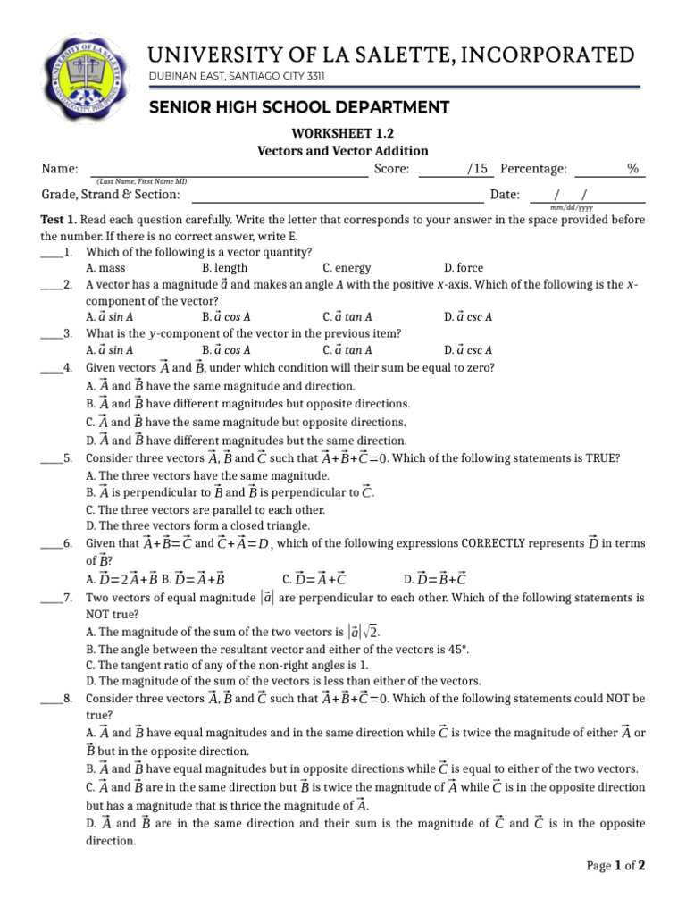 WORKSHEET 1.2 | PDF | Euclidean Vector | Force