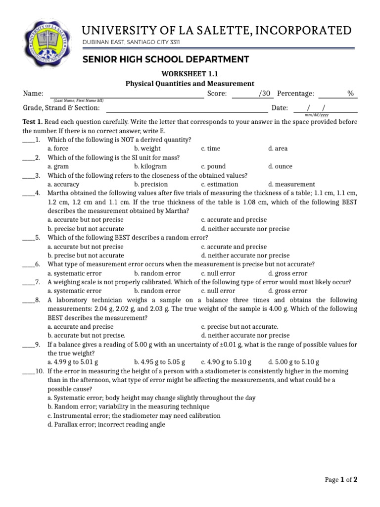 Worksheet 1 1 Pdf Observational Error Accuracy And Precision