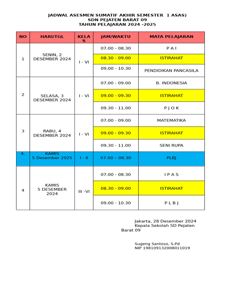 Jadwal Asesmen Sumatif Akhir Semester 1 | PDF