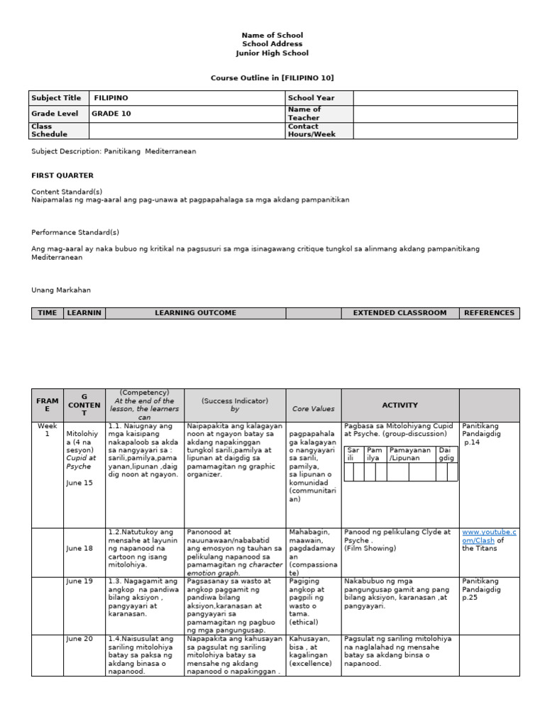 Course Outline Filipino 10 D.INSET | PDF