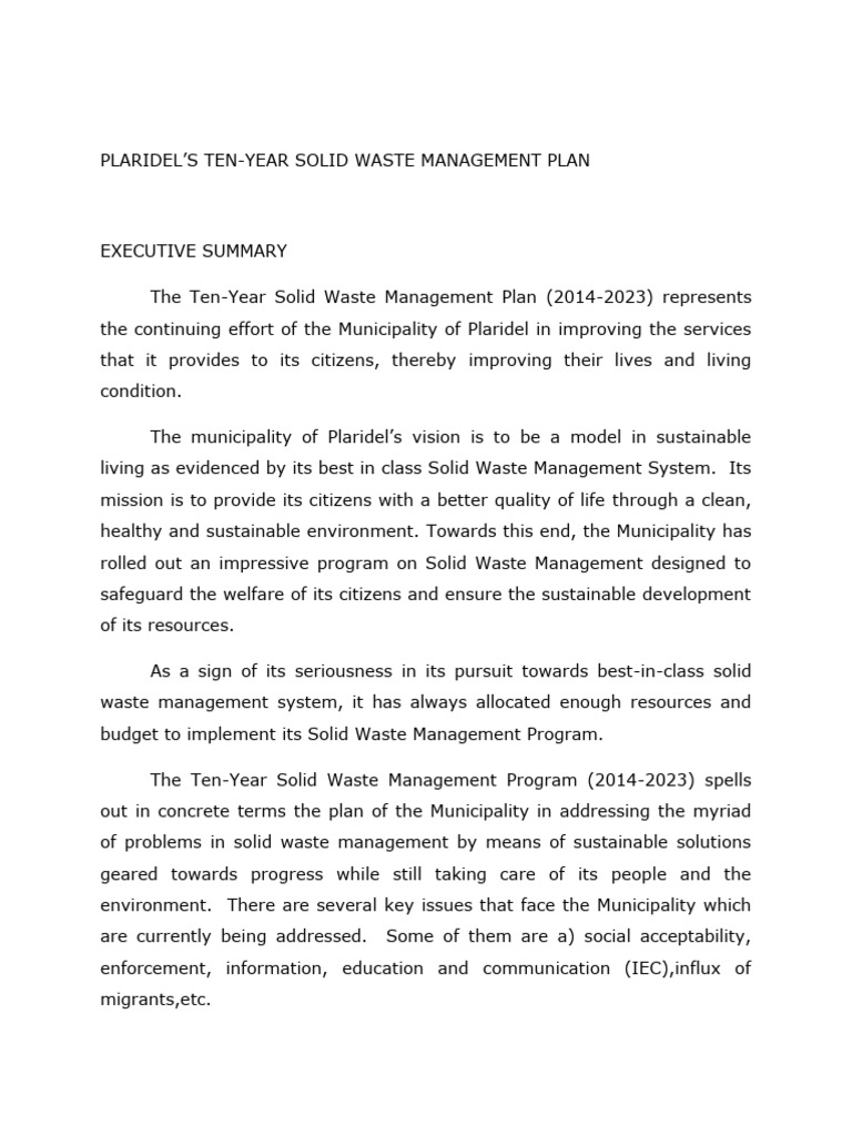 Plaridel Solid Waste Management Plan - Submitted To NSWMC | PDF