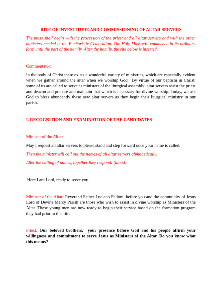 Rite of Investiture and Commissioning of Altar Servers | PDF | Altar ...