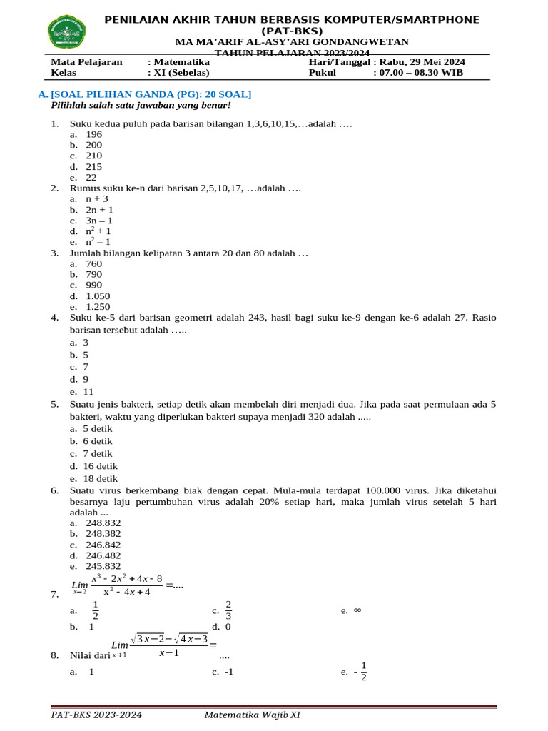 Soal PAT MTK XI 2023-2024 | PDF