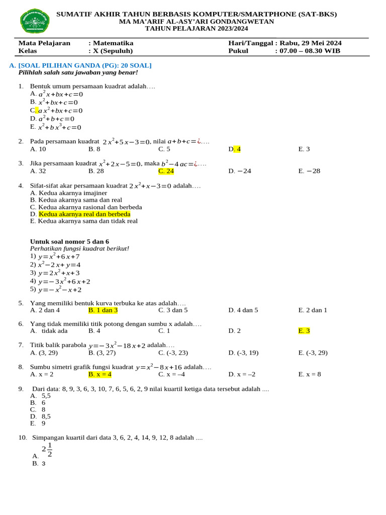 Soal Sat MTK X 2023-2024 | PDF