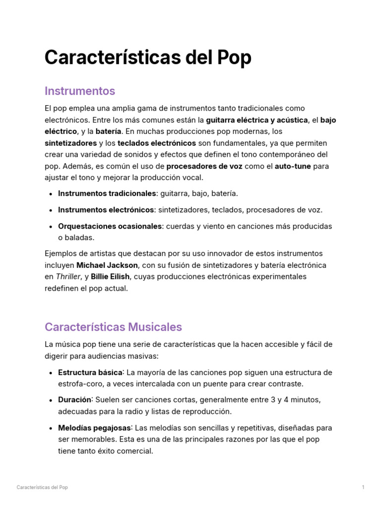 Caractersticas del Pop | PDF | Música pop | Kit de batería