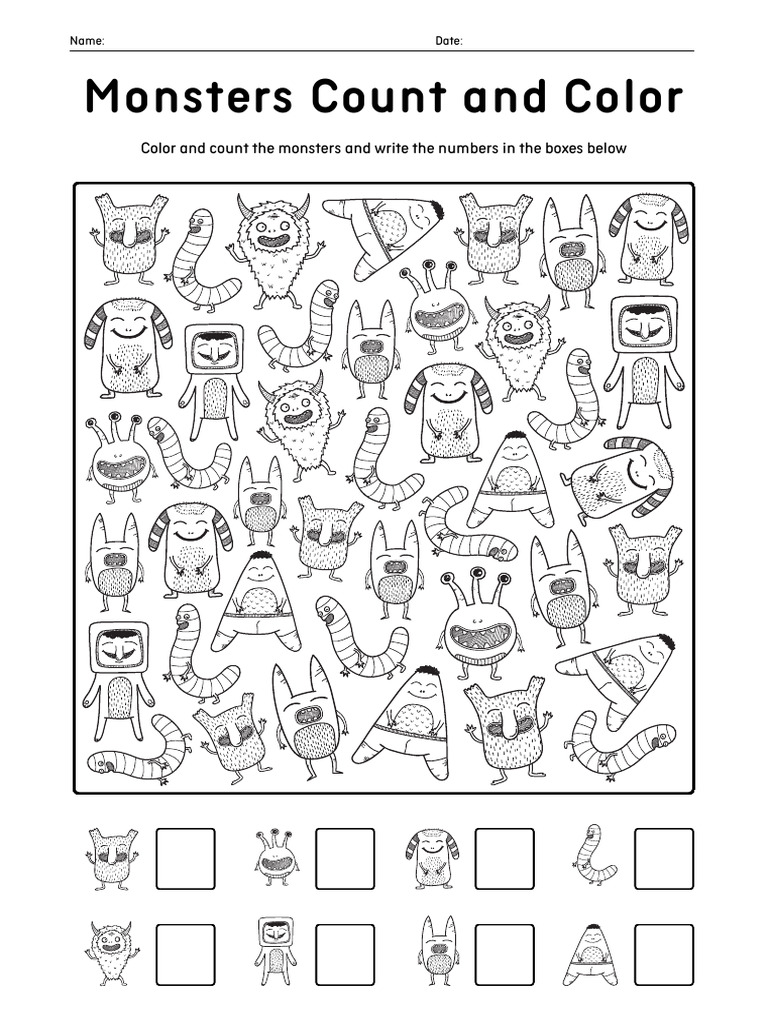 Monsters Count and Color Worksheet in Monochromatic Handdrawn Style | PDF