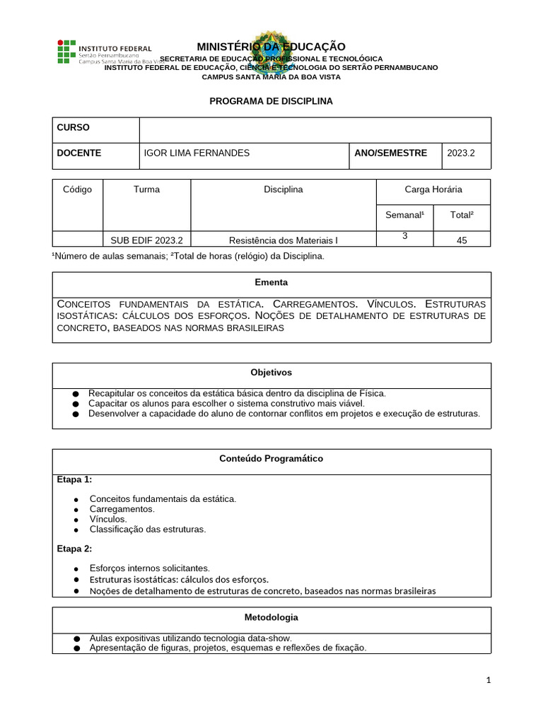 Programa de Disciplina - SUB EDIF - Resistência Dos Materiais I - 2023.2 | PDF | Desenvolvimento ...