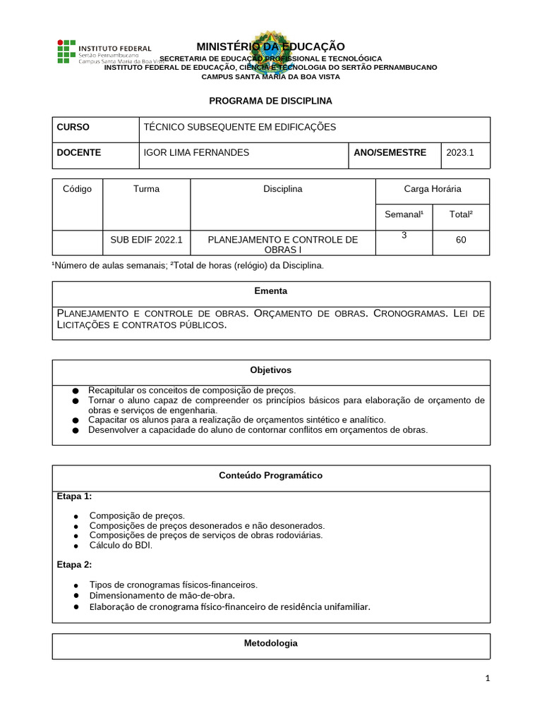 Programa de Disciplina - SUB-EDIF - Planejamento e Controle de Obras I - 2023.1 | PDF ...