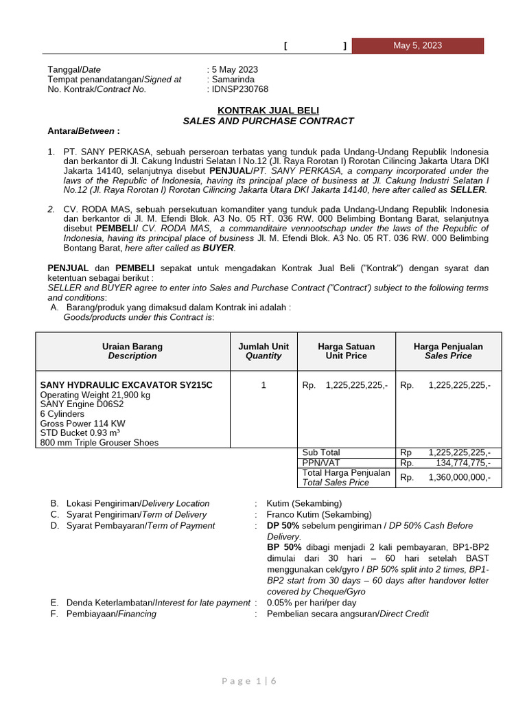 Kontrak Jual Beli CV Roda Mas dan SANY | PDF