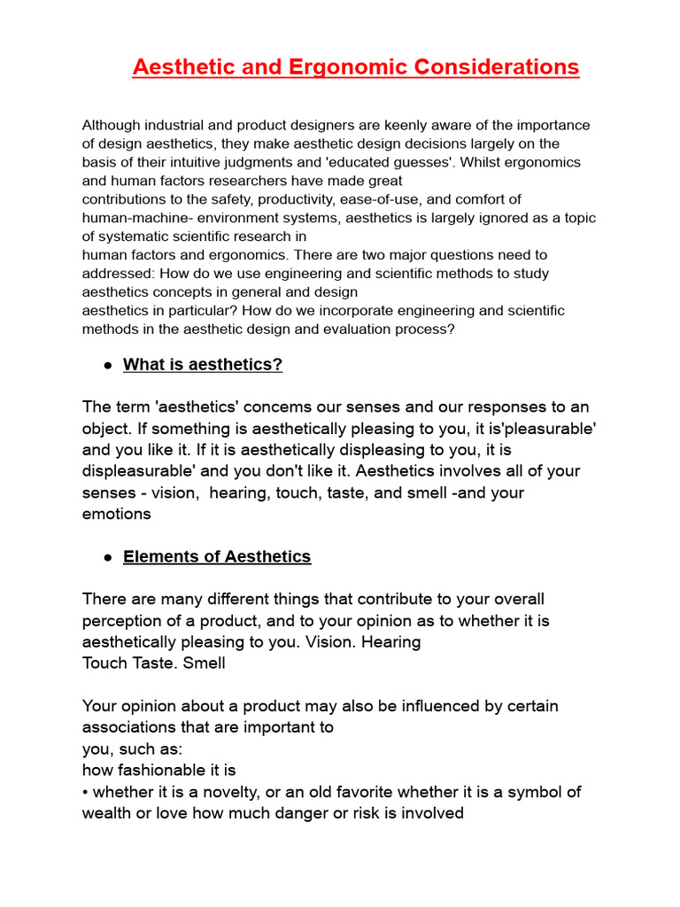 Aesthetic and Ergonomic Considerations | PDF | Aesthetics | Human Factors And Ergonomics
