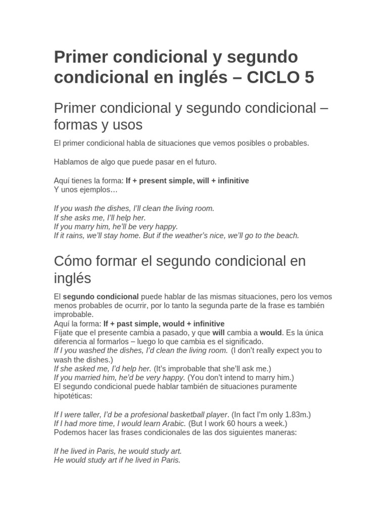 Primer Condicional y Segundo Condicional en Inglés - CICLO 5 04092023 | PDF