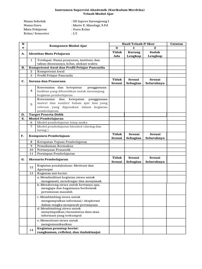 Instrumen Supervisi Penelaahan Modul Ajar | PDF