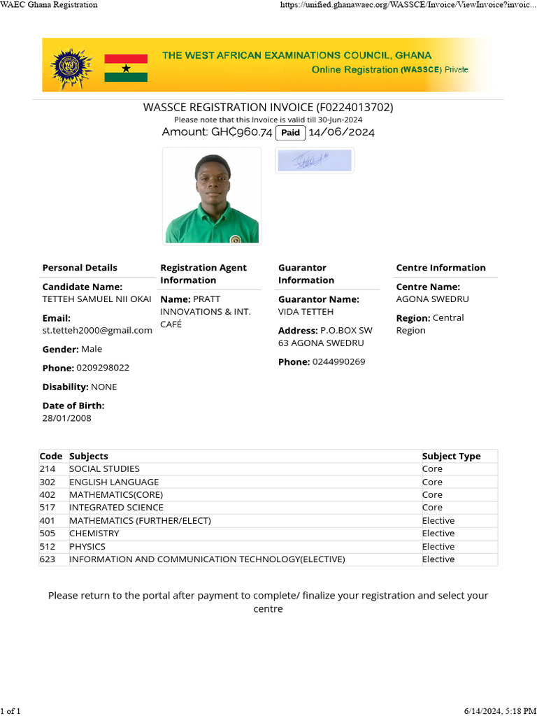 WAEC Ghana Registration TETTEH SAMUEL NII OKAI | PDF