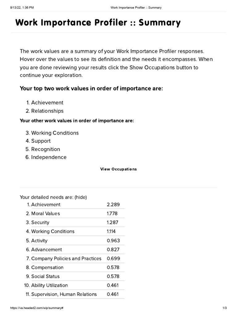 Work Importance Profiler - Summary | PDF | Psychological Concepts ...