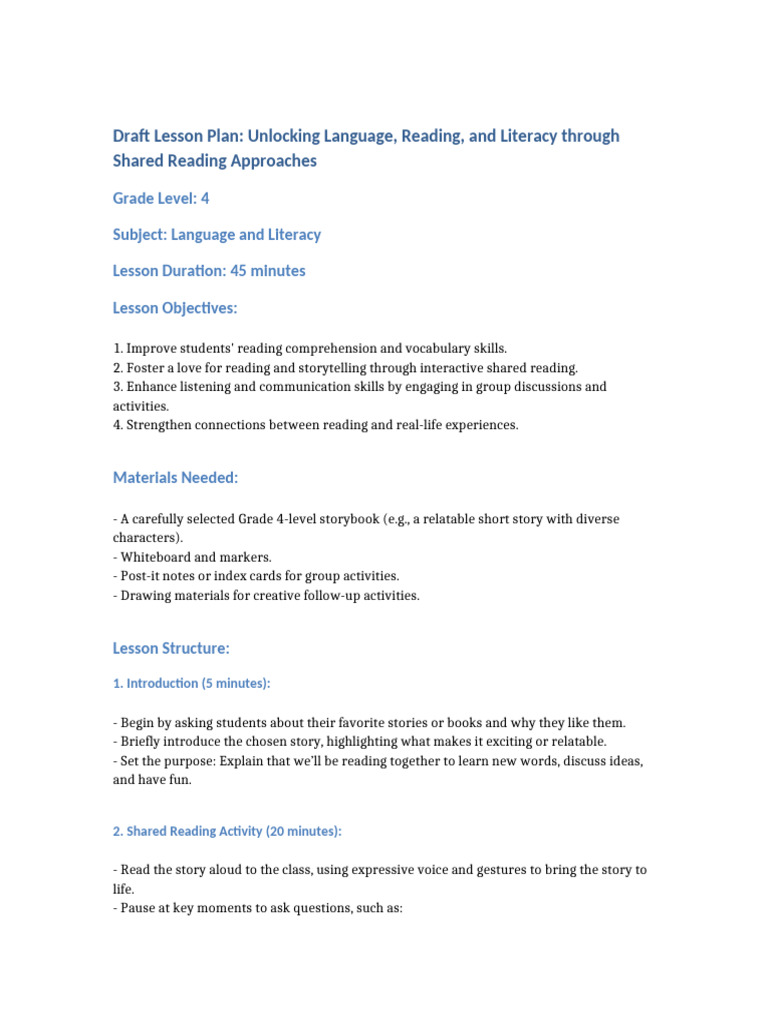 Shared Reading Lesson Plan Grade 4 | PDF | Learning | Cognitive Science