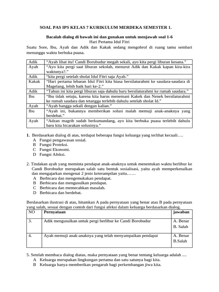 Soal Pas Ips Kelas 7 Kurikulum Merdeka Semester 1. | PDF