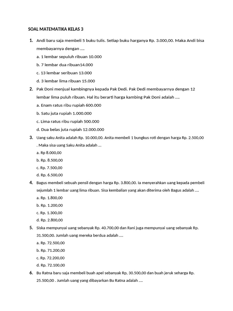 Soal Matematika Kelas 3 | PDF