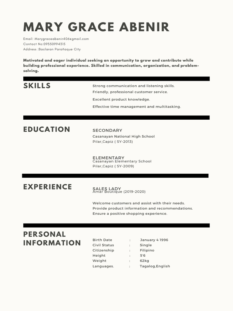 Mary Grace Abenir's Resume Overview | PDF