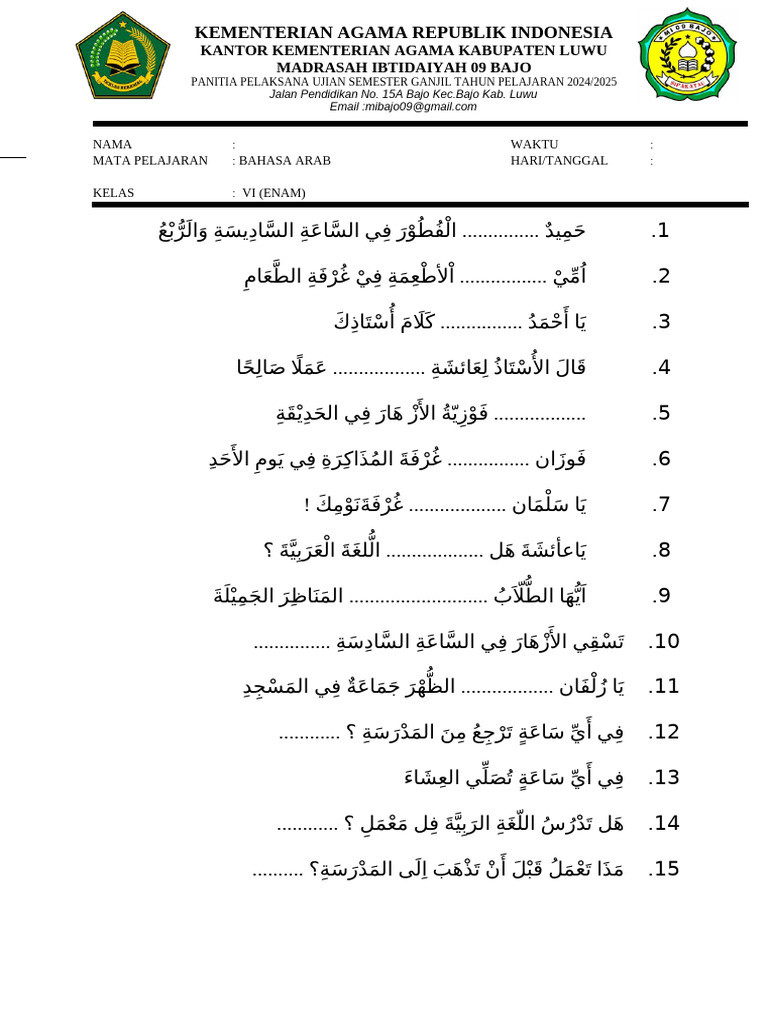 Soal Bahasa Arab Kelas 6 | PDF