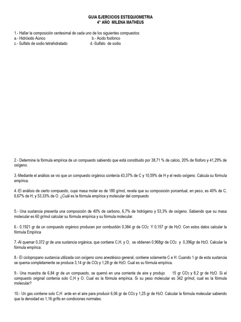 Guia Ejercicios Estequiometria 2024 | PDF