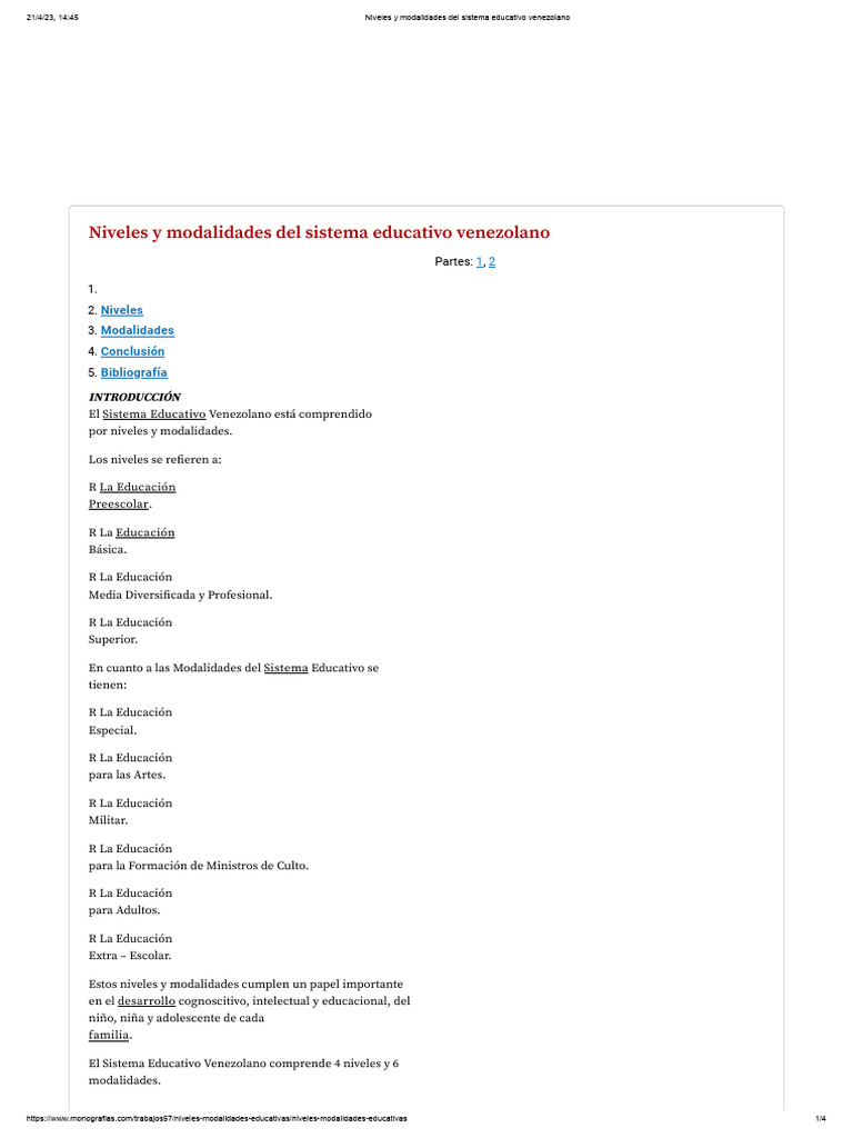 Niveles y modalidades educativas en Venezuela | PDF | Educación de la ...