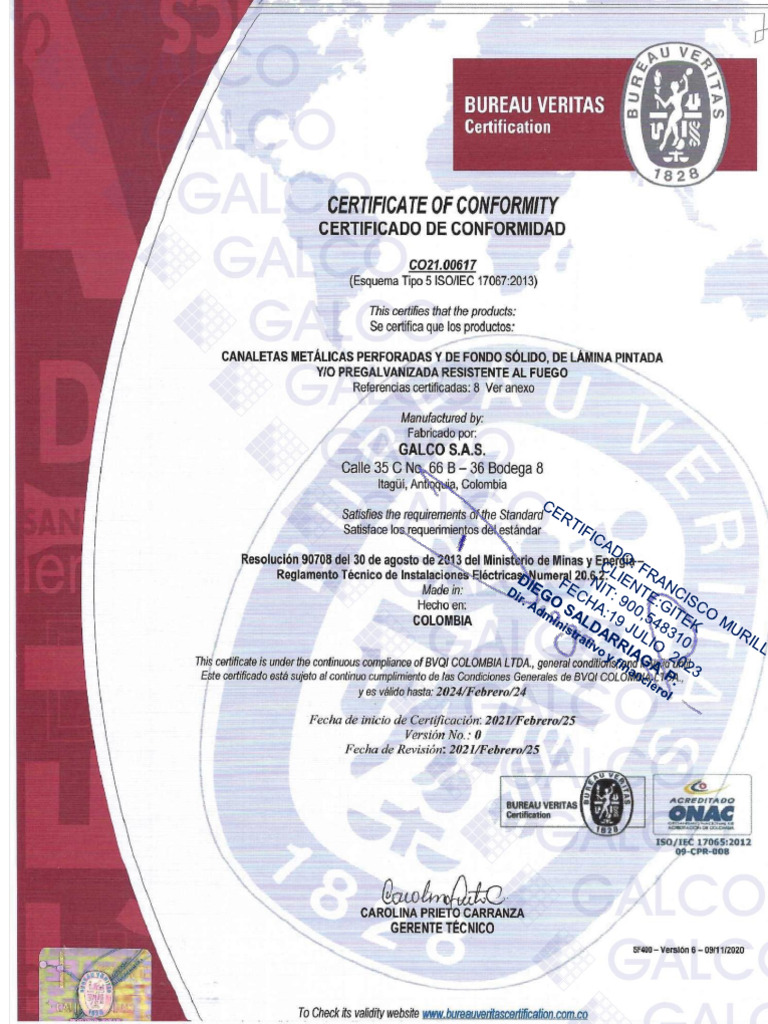 Certificado Retie y Din Canaletas Galco | PDF