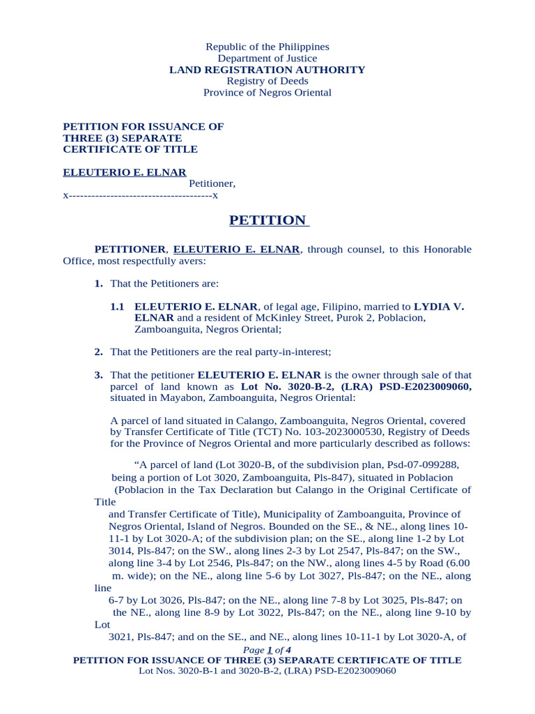 Petition For Issuance of Two (2) Separate Certificates of Title | PDF ...