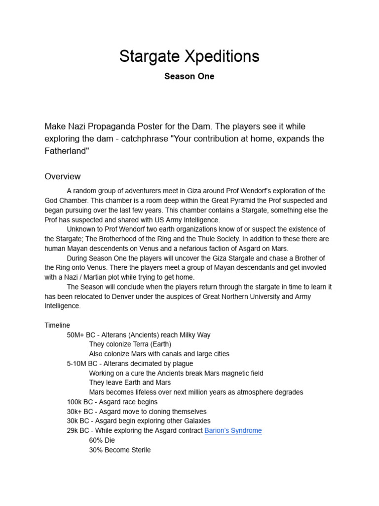 Campaign Planning For Stargate 1930s Pulp RPG - SG-X Season One | PDF ...