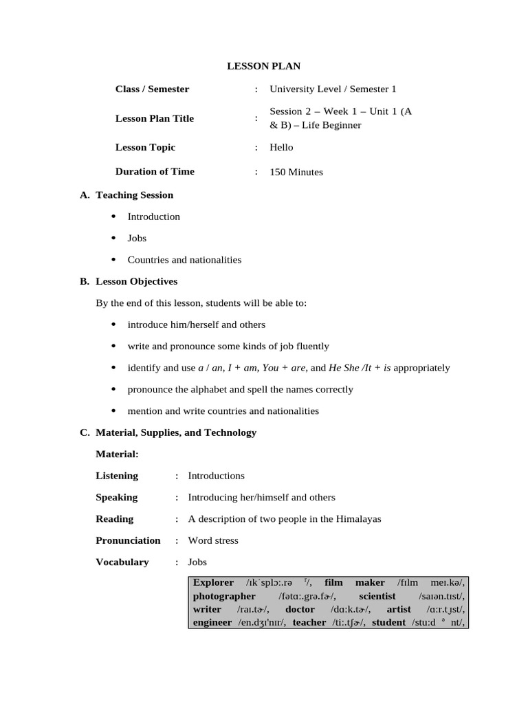 Lesson Plan 1 | PDF | English Language | Arabic