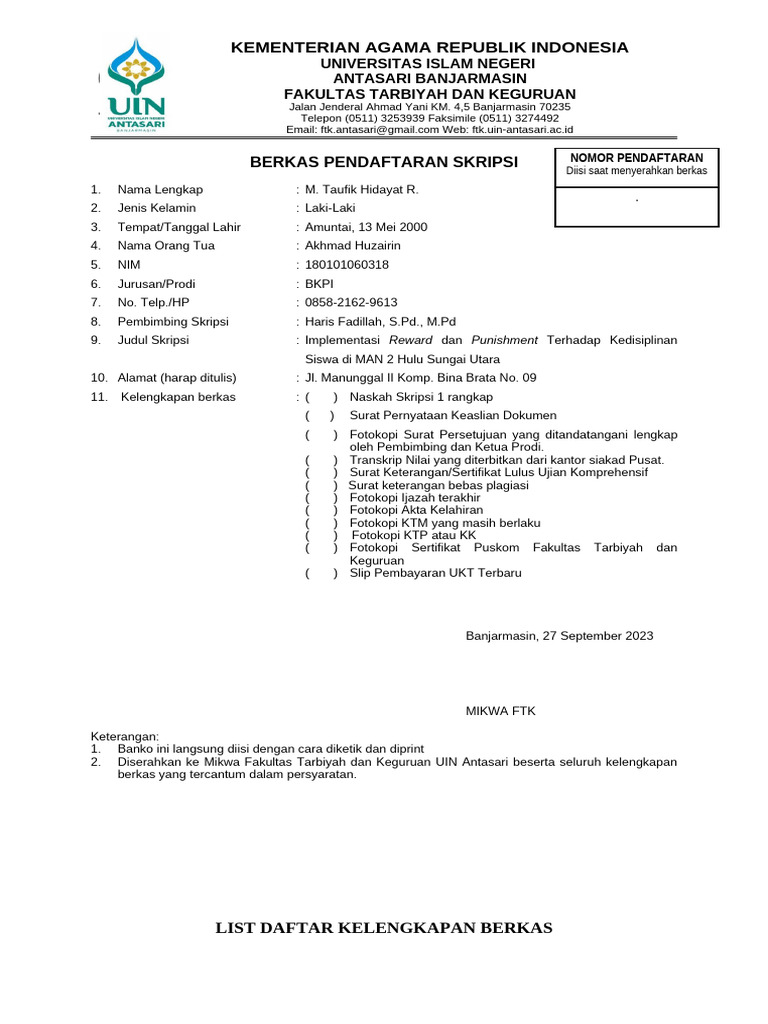 BLANGKO PENDAFTARAN SKRIPSI Selengkapnya | PDF