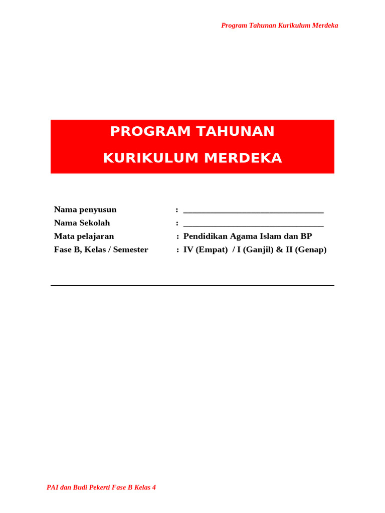 Program Tahunan PAI Kelas 4 Merdeka | PDF