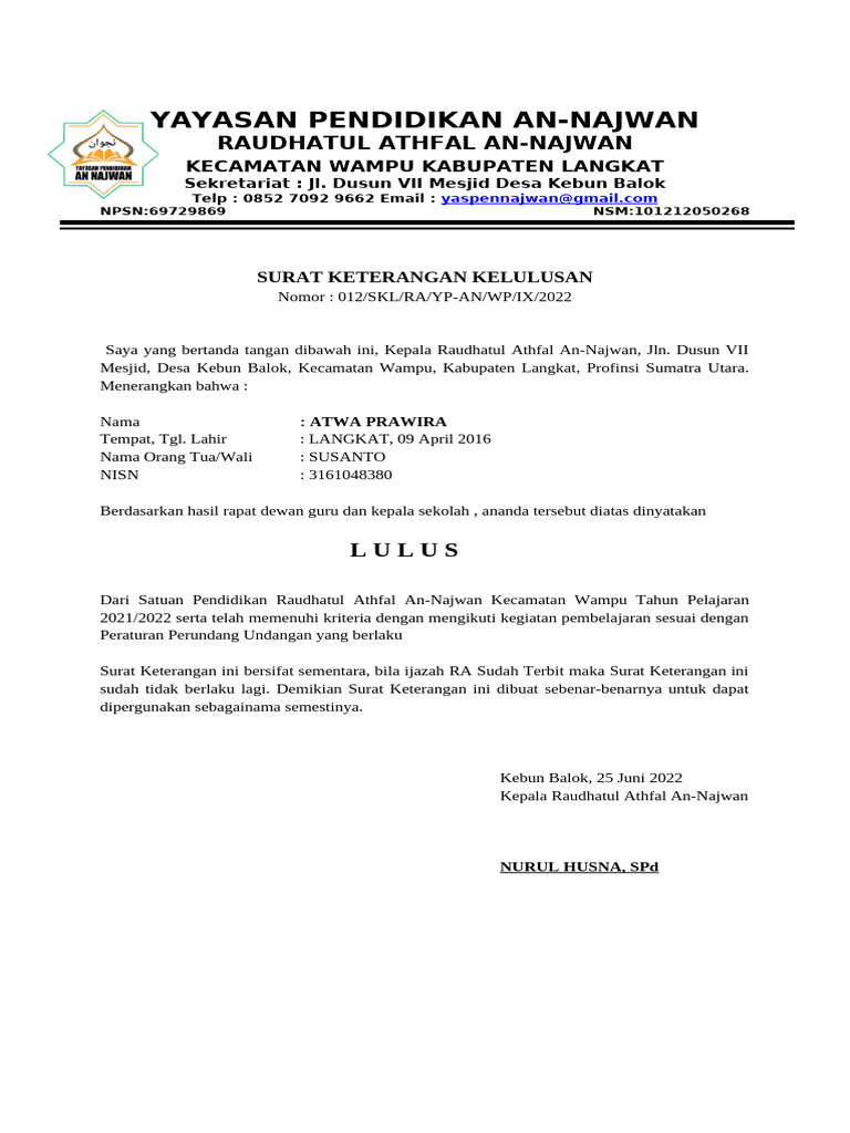 Surat Keterangan KeLulusan | PDF