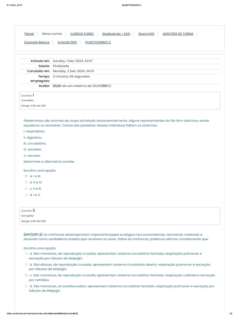 QUESTIONÁRIO 2 - Zoologia Basica | PDF | Insetos | Artrópodes